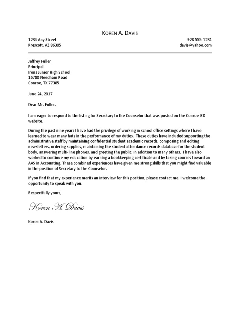 Koren Davis Bsa102 Final Cover Letter | PDF