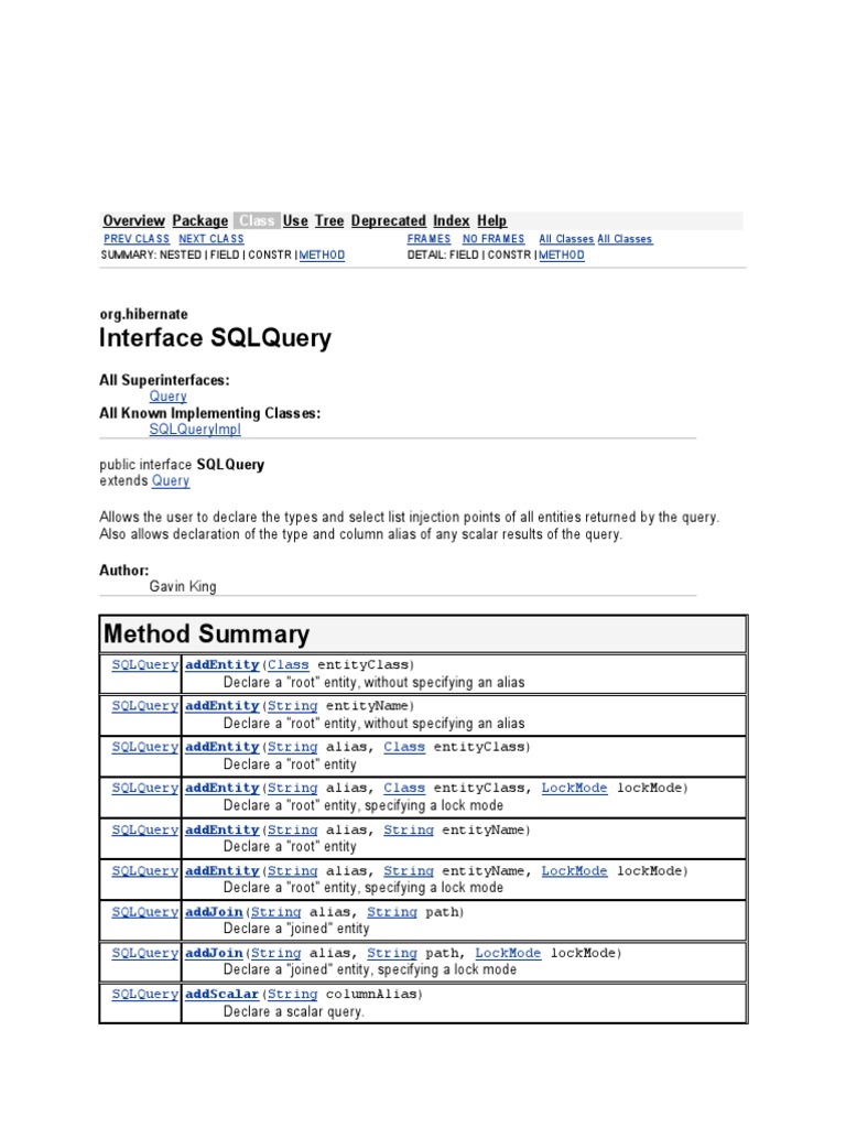 Interface Sqlquery: Overview Package | PDF | Software | Computer ...