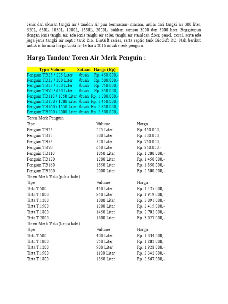Jenis Dan Ukuran Tangki Air | PDF