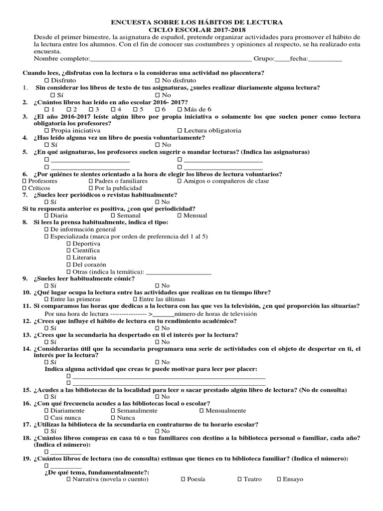 2 Encuesta Sobre Los Hábitos de Lectura | Comprensión lectora | Lectura ...