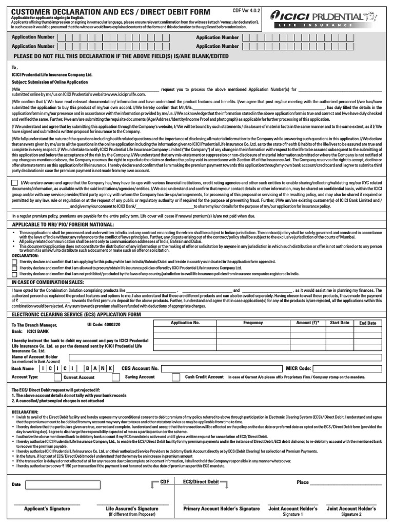 Customer Declaration and ECS Form | PDF | Insurance | Debit Card