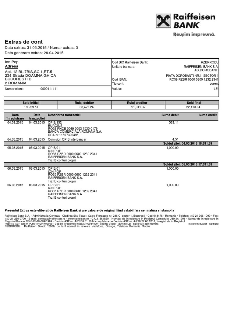 Raiffeisen Bank Account Statement Sample | PDF