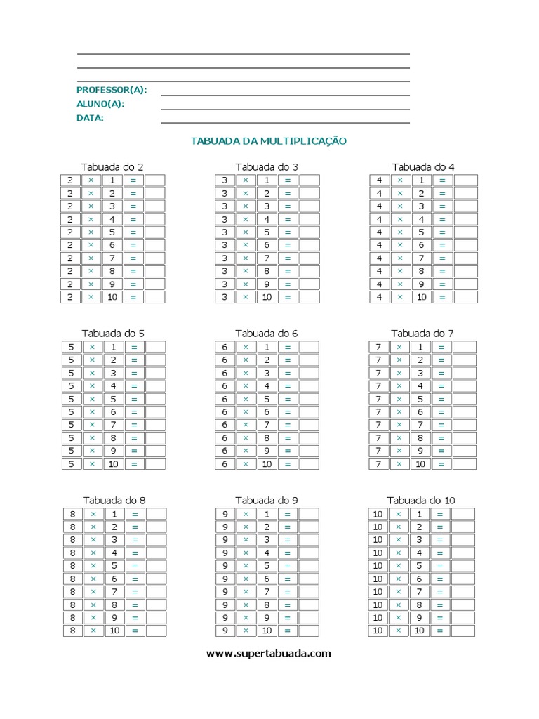 TABUADA DA MULTIPLICAÇÃO PARA IMPRIMIR EM PDF - FORMATO A4