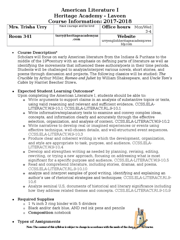 Syllabus American Lit With Letter To Parents and Standards | Download ...