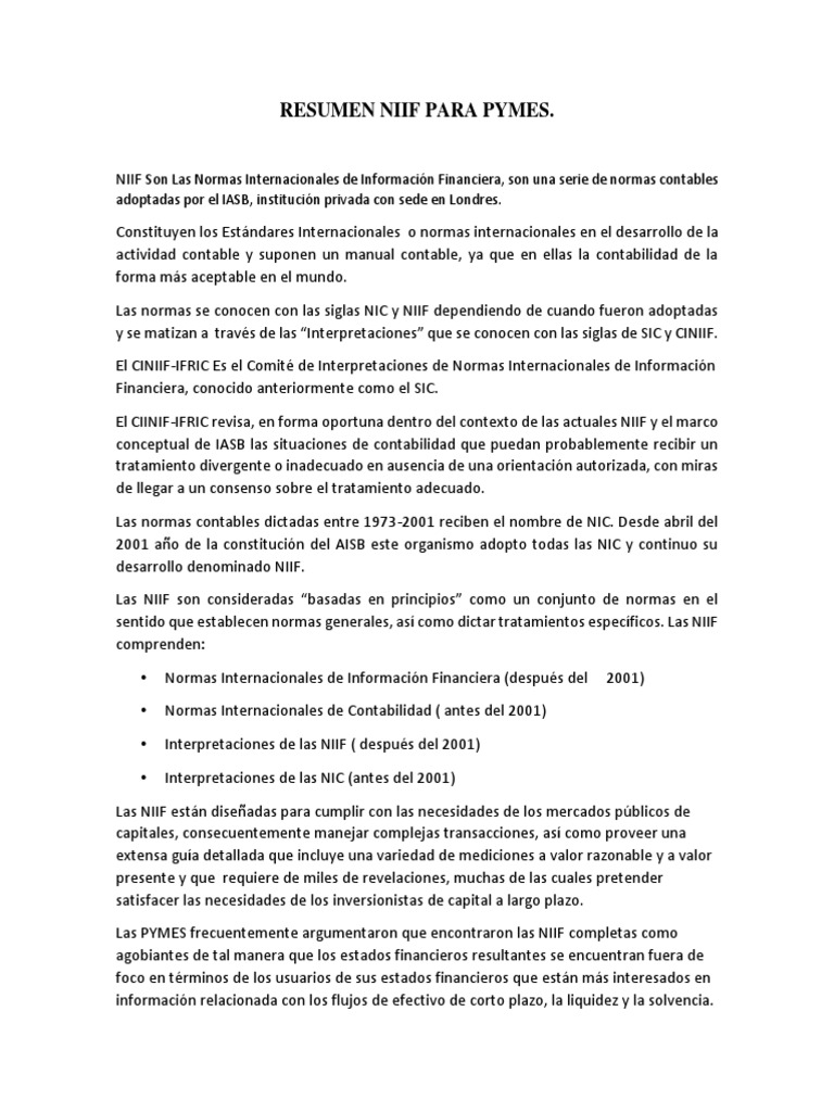 Resumen NIIF para PYMES | PDF | normas internacionales de INFORMACION ...