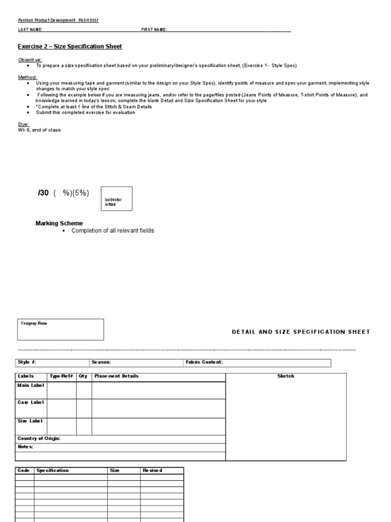 Exercise 2 - Size Specification Sheet | PDF | Seam (Sewing ...