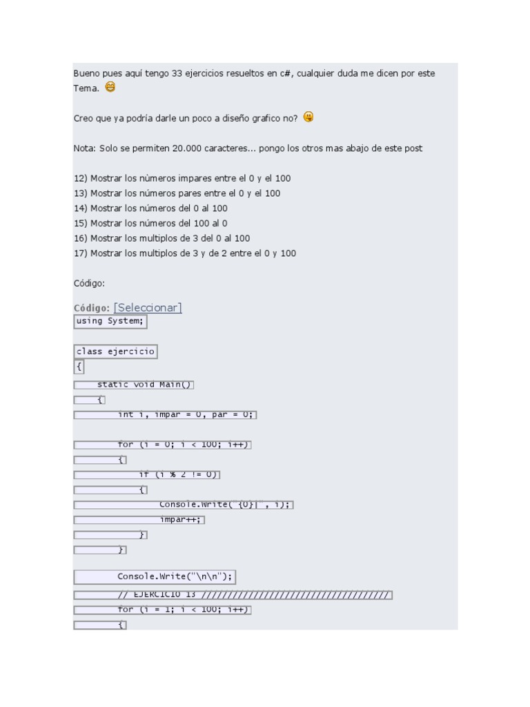 33 Ejercicios en C | PDF | Consulta integrada de idiomas | C Sharp (lenguaje de programación)