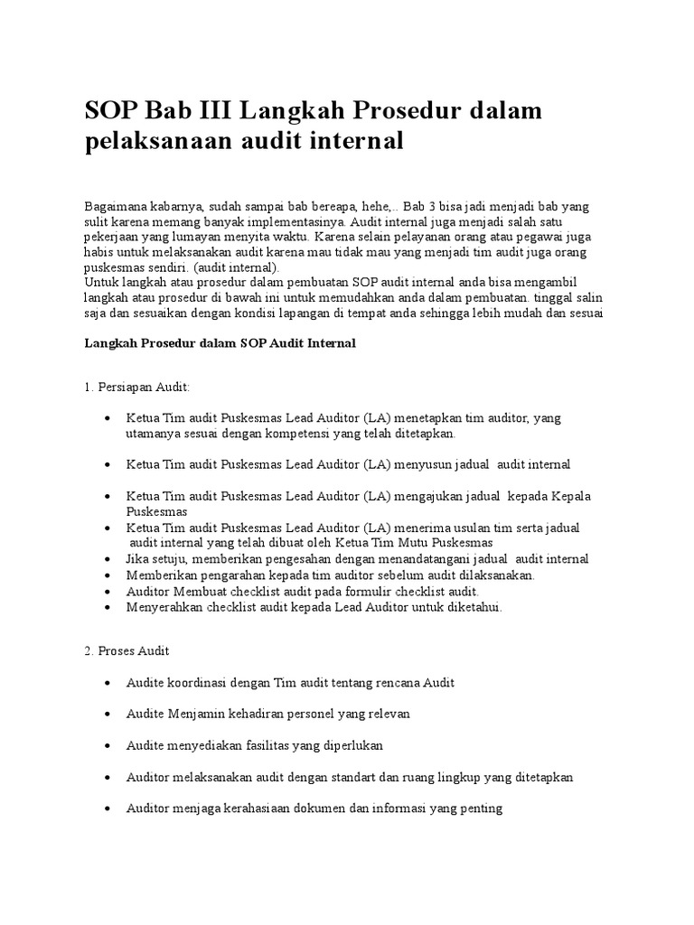 SOP Bab III Langkah Prosedur Dalam Pelaksanaan Audit Internal | PDF