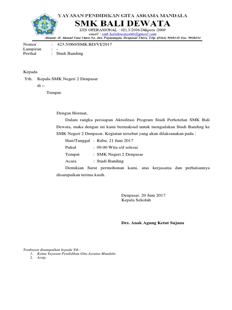 Surat Studi Banding SMK N 2 DPS | PDF