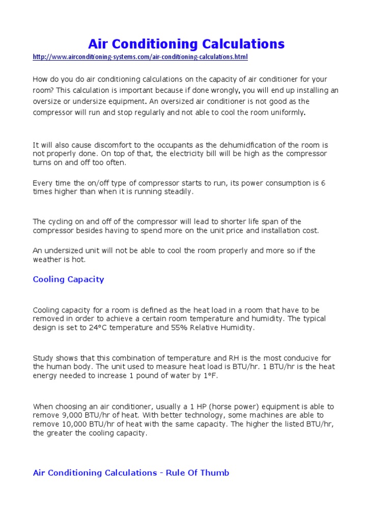 Airconditions Calculation | Air Conditioning | Technology