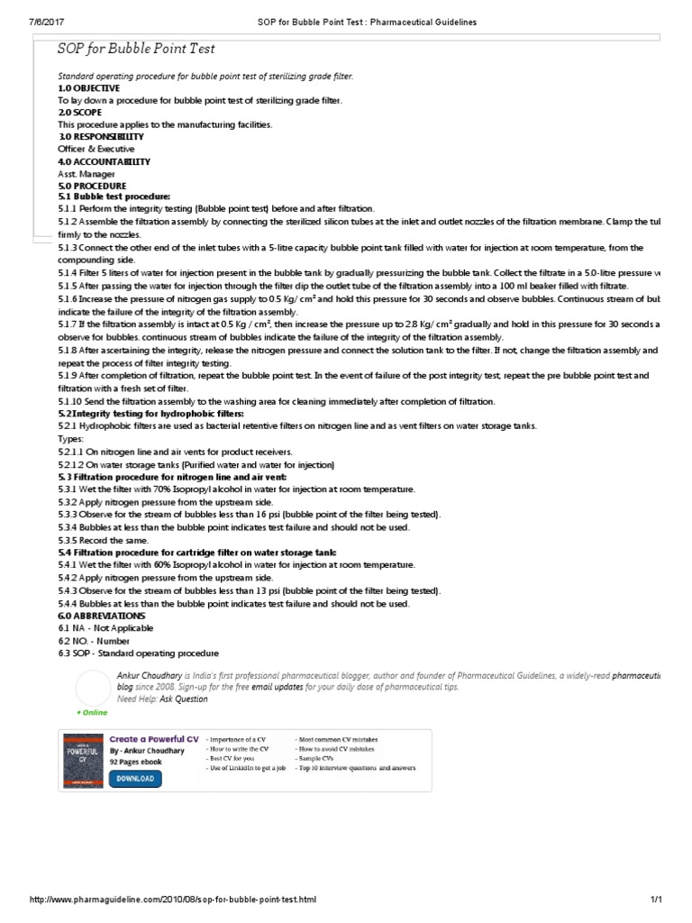 SOP for Bubble Point Test Procedure | PDF | Filtration | Sterilization ...