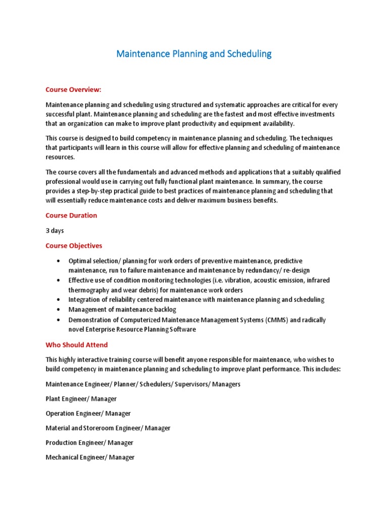 Maintenance Planning and Scheduling | PDF | Enterprise Resource Planning | Reliability Engineering