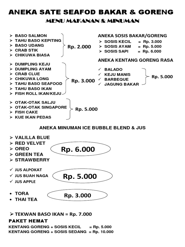 Aneka Sate Seafod Bakar & Goreng: Menu Makanan & Minuman | PDF