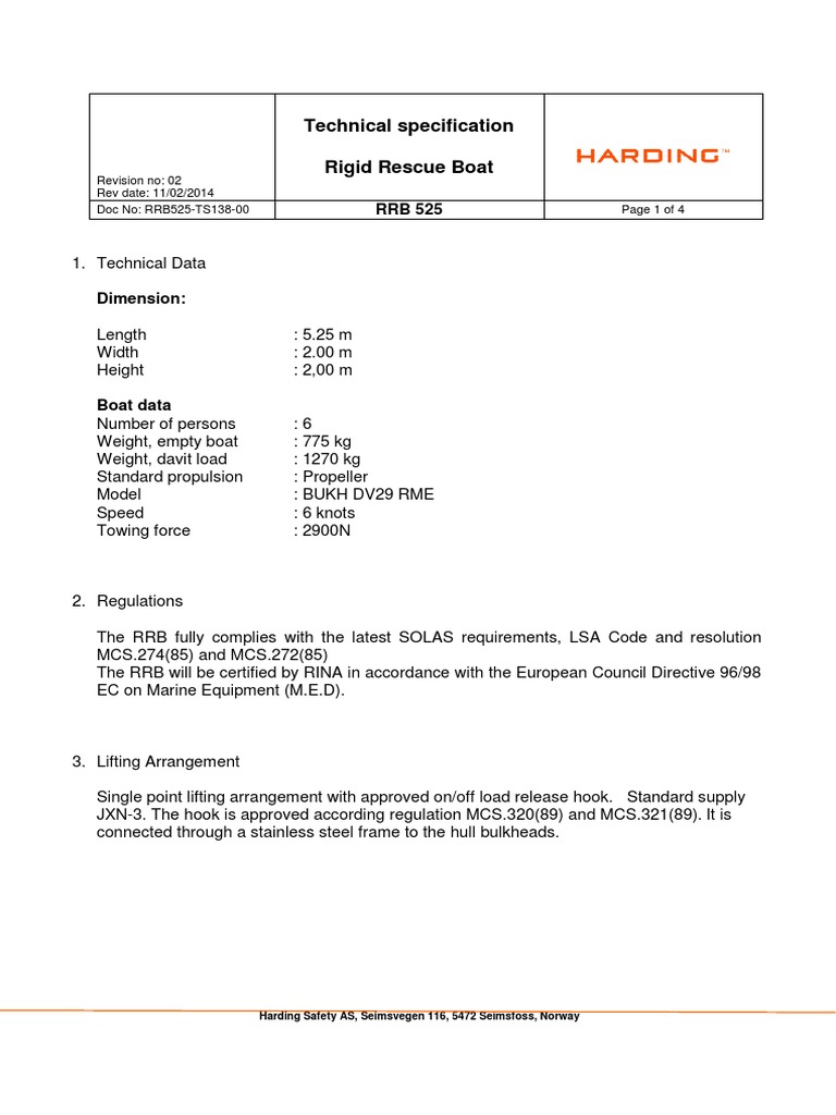 Rigid Rescue Boat Technical Specification | PDF | Boats | Hull (Watercraft)