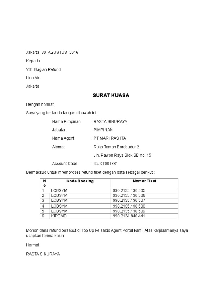Surat Kuasa Refund Tiket Lion Air | PDF