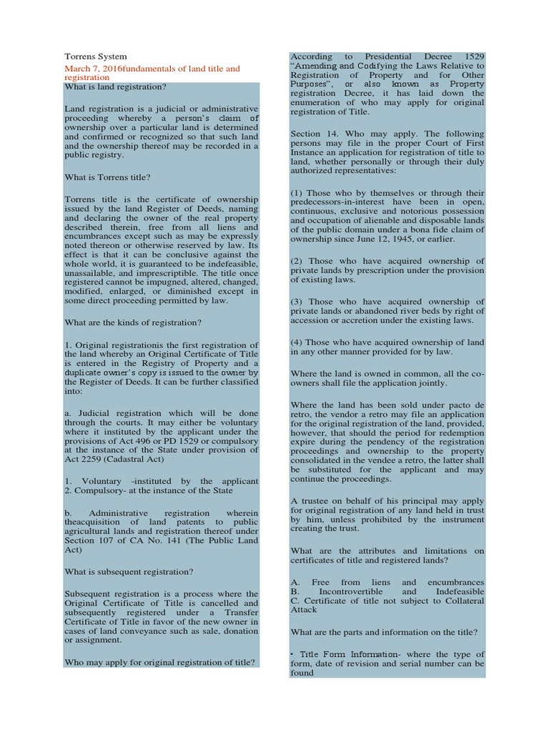 Land Registration-Torrens System | PDF | Title (Property) | Deed