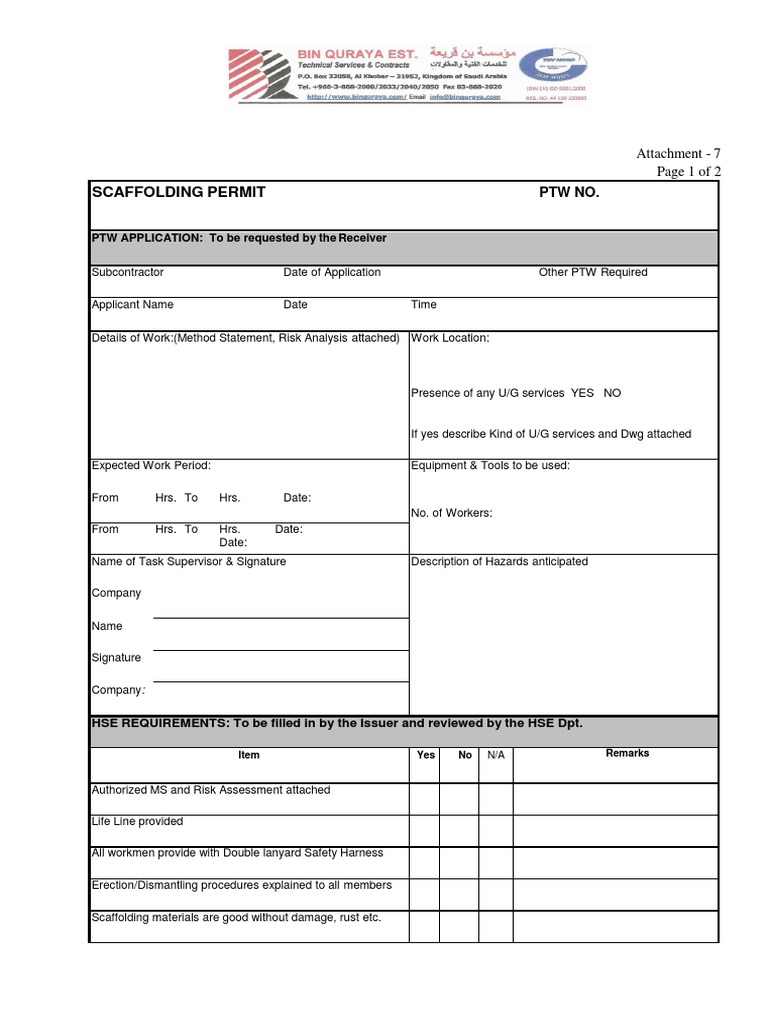 Attachment 7 Scaffolding Permit | PDF | Prevention | Safety
