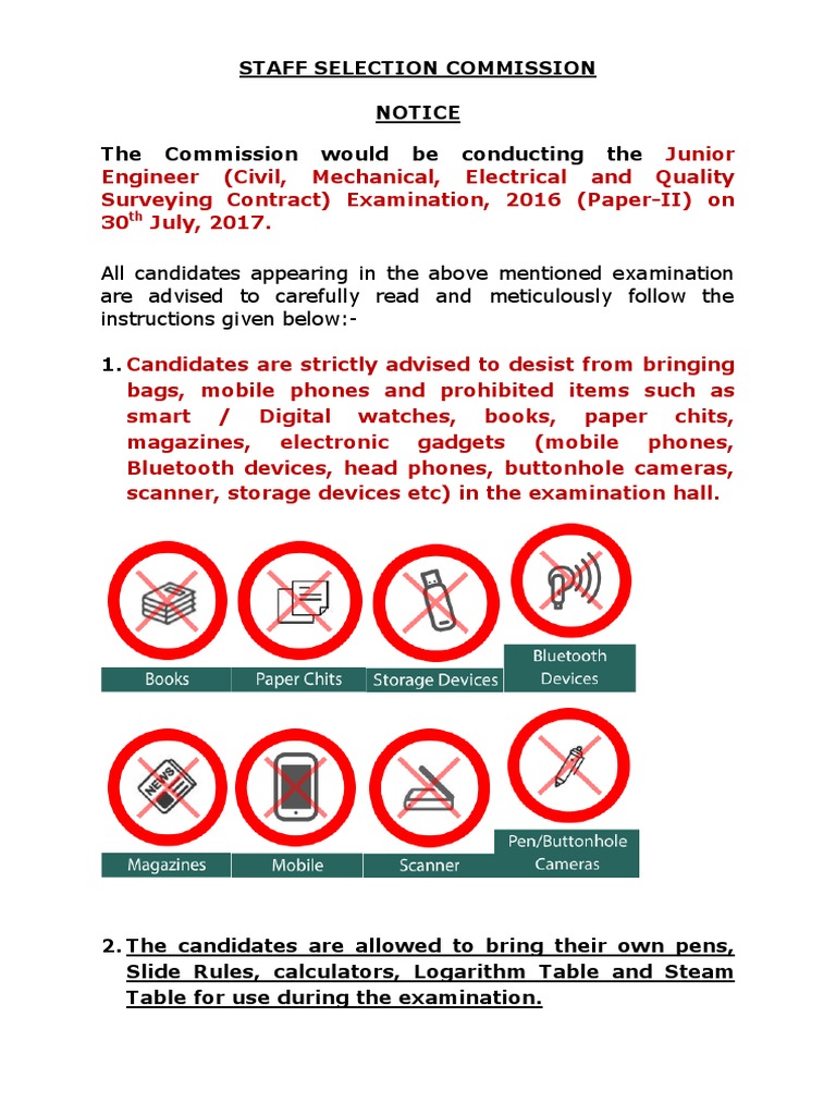 List of Prohibited Materials in SSC Exam Hall - SSC JE 2017