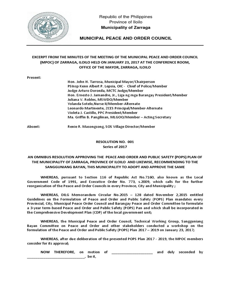 MPOC Reso. Approving the POPS Plan | Public Law | Philippines