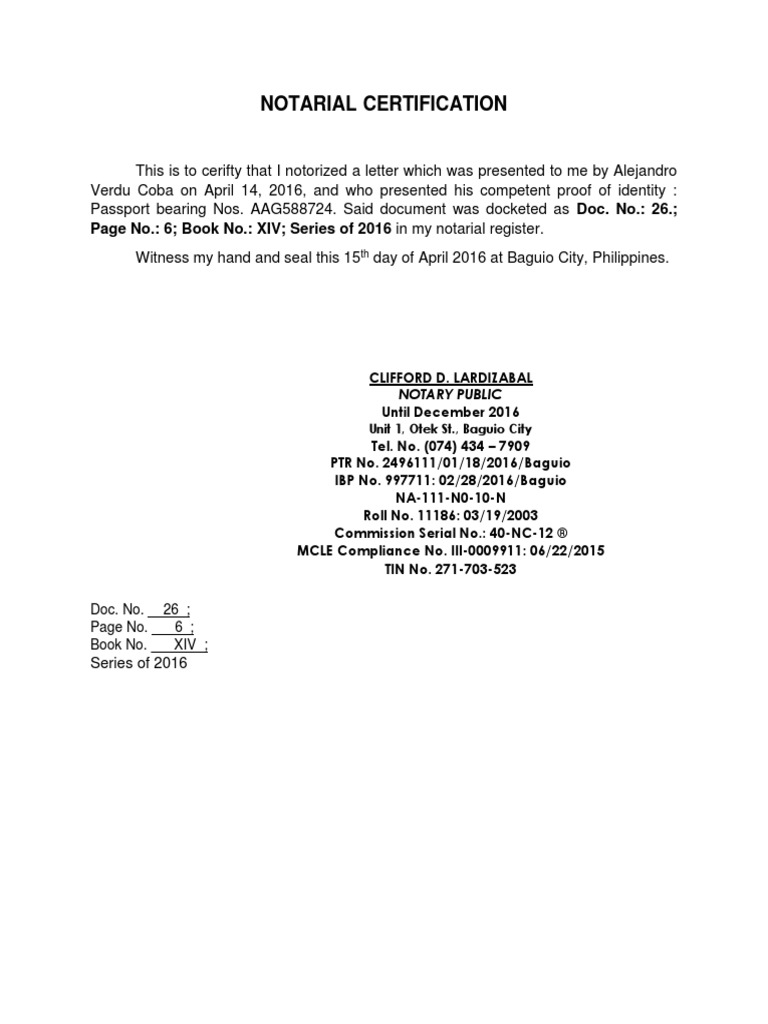Notarial Certification: Page No.: 6 Book No.: XIV Series of 2016 in My ...