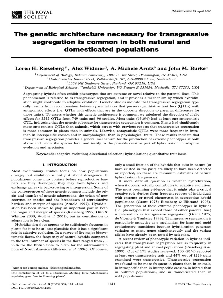 The Genetic Architecture Necessary For Transgressive Segregation Is ...
