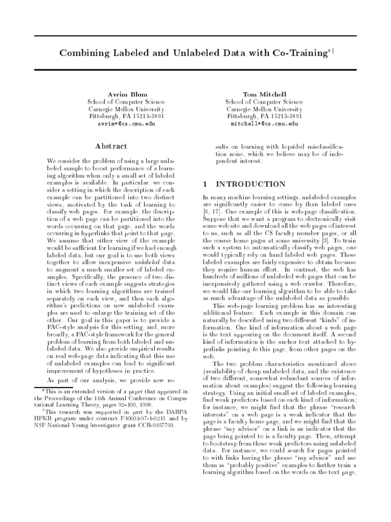 Blum, Mitchell - 1998 - Combining Labeled and Unlabeled Data With Co ... Blum, Mitchell - 1998 - Combining Labeled and Unlabeled Data With Co ...
