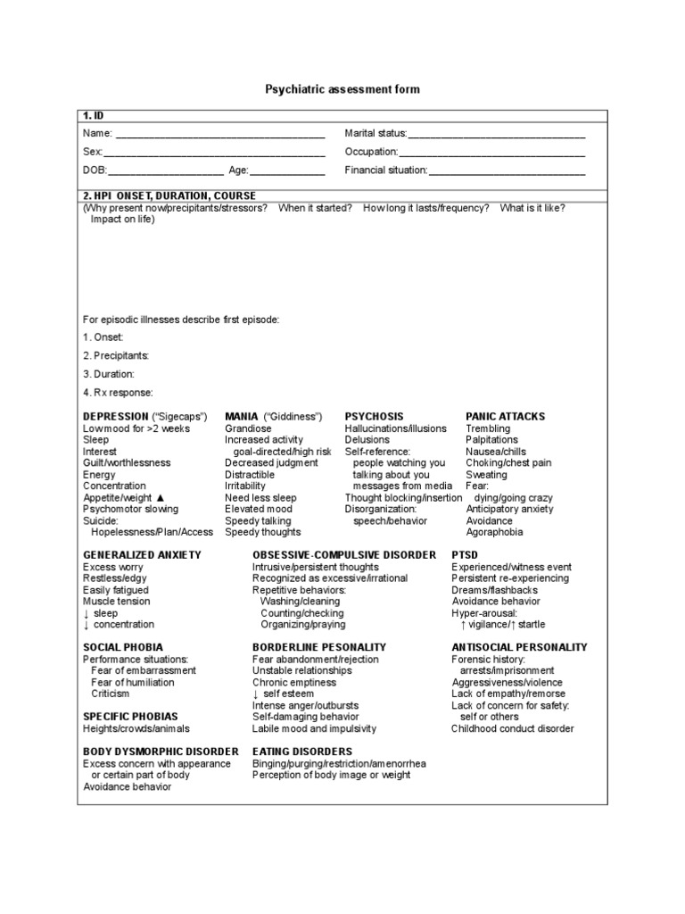 Psychiatric Assessment Form Template | PDF | Panic Attack | Diagnostic ...