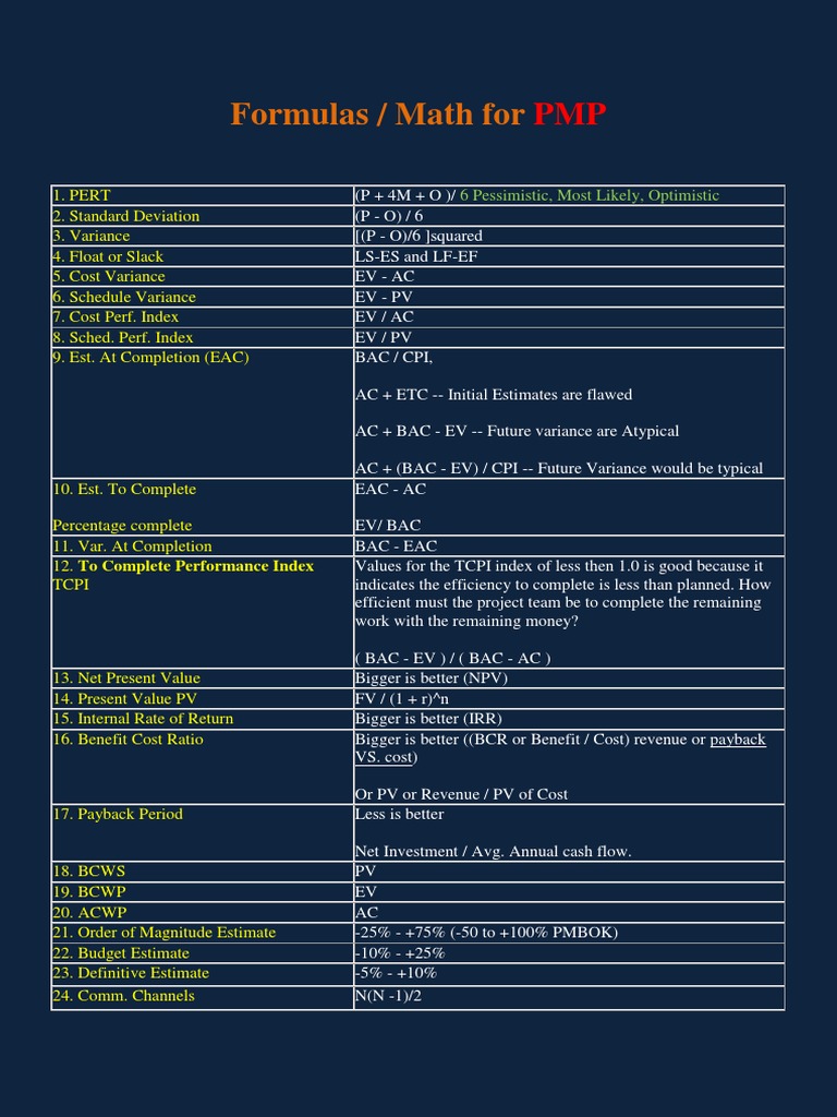 Formulas Math For PMP | PDF | Investing | Return On Investment