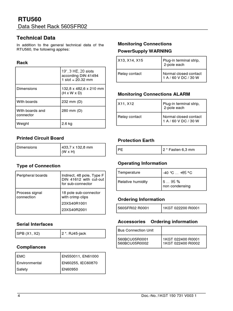 RTU560 Technical Data Overview | PDF | Power Supply | Relay