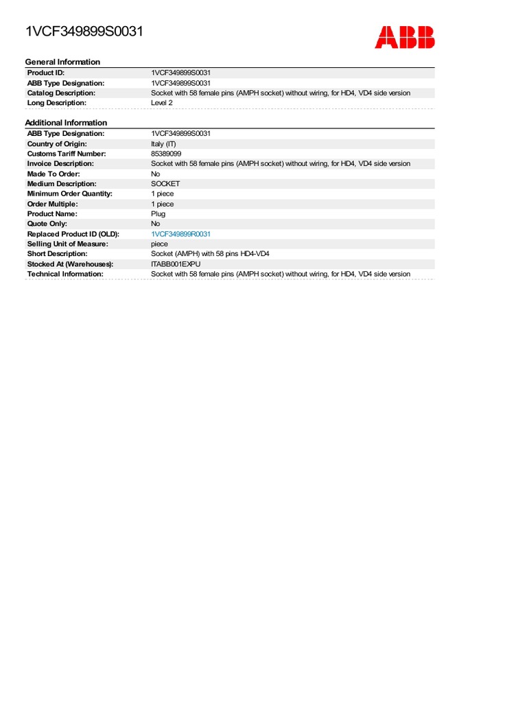 1VCF349899S0031 Socket With 58 Female Pins Amph Socket Without Wiring ...