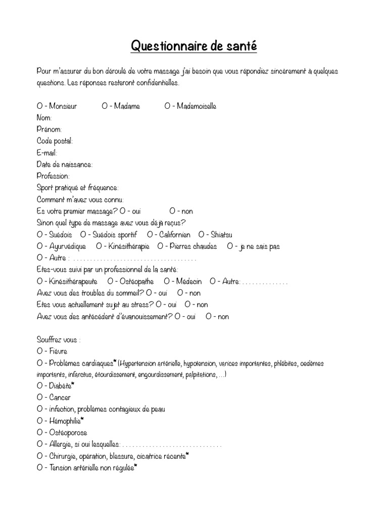 Questionnaire Sante | Massage | RTT