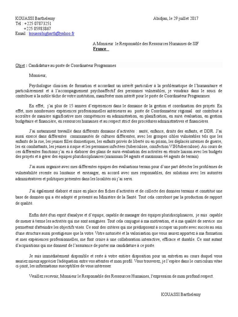 Lettre de Motivation Coordonnateur de Programmes SIF | PDF | Ressources ...