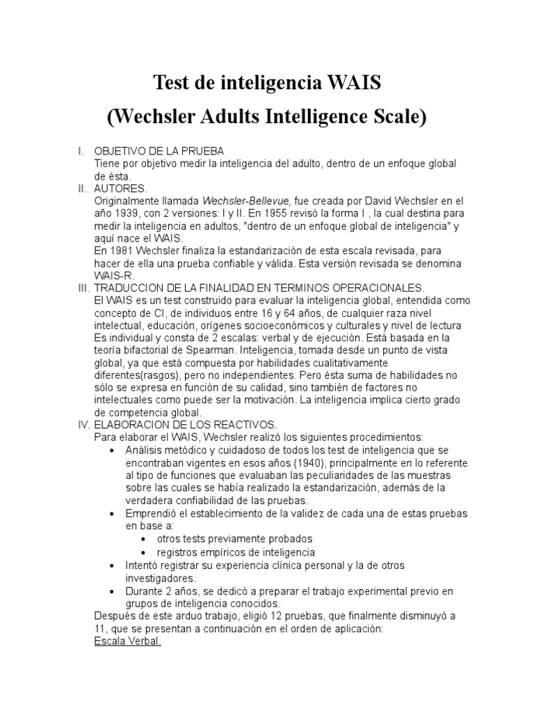 Test de Inteligencia WAIS (Wechsler Adults Intelligence Scale) | PDF ...