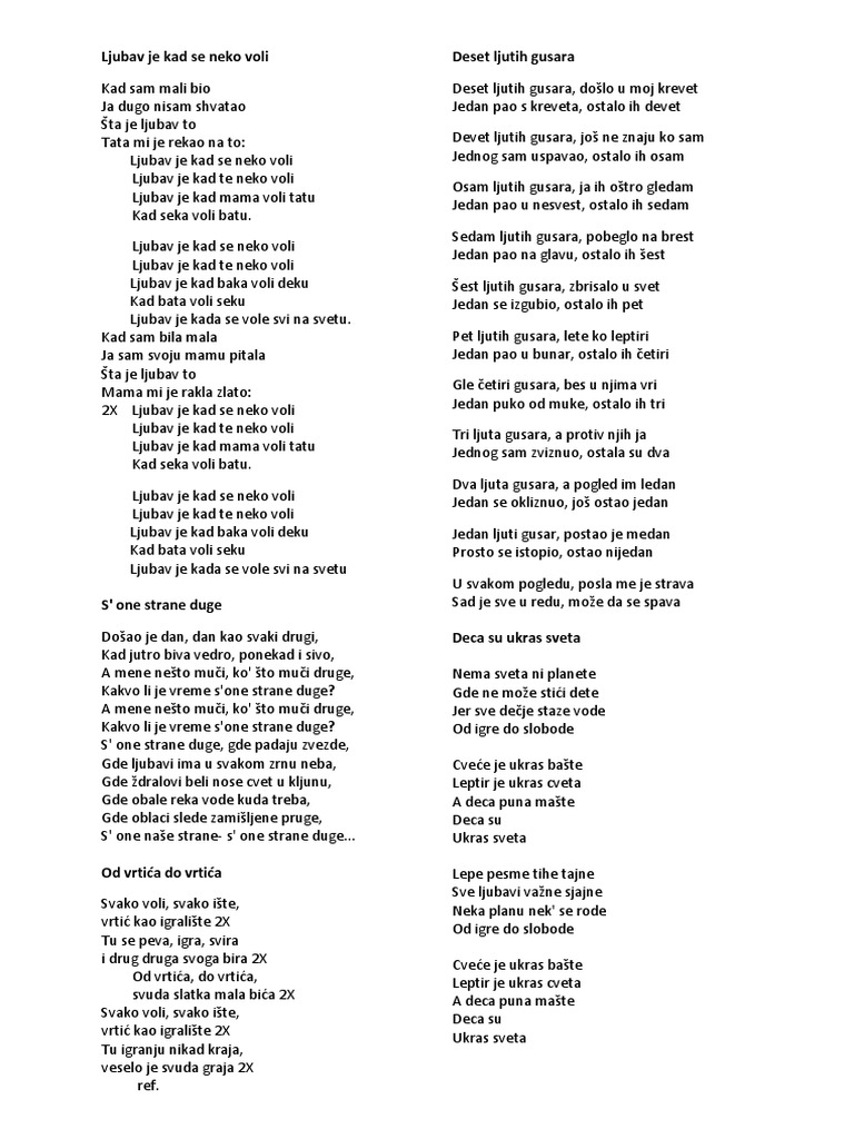 Tekstovi Pesama Za Decu | PDF