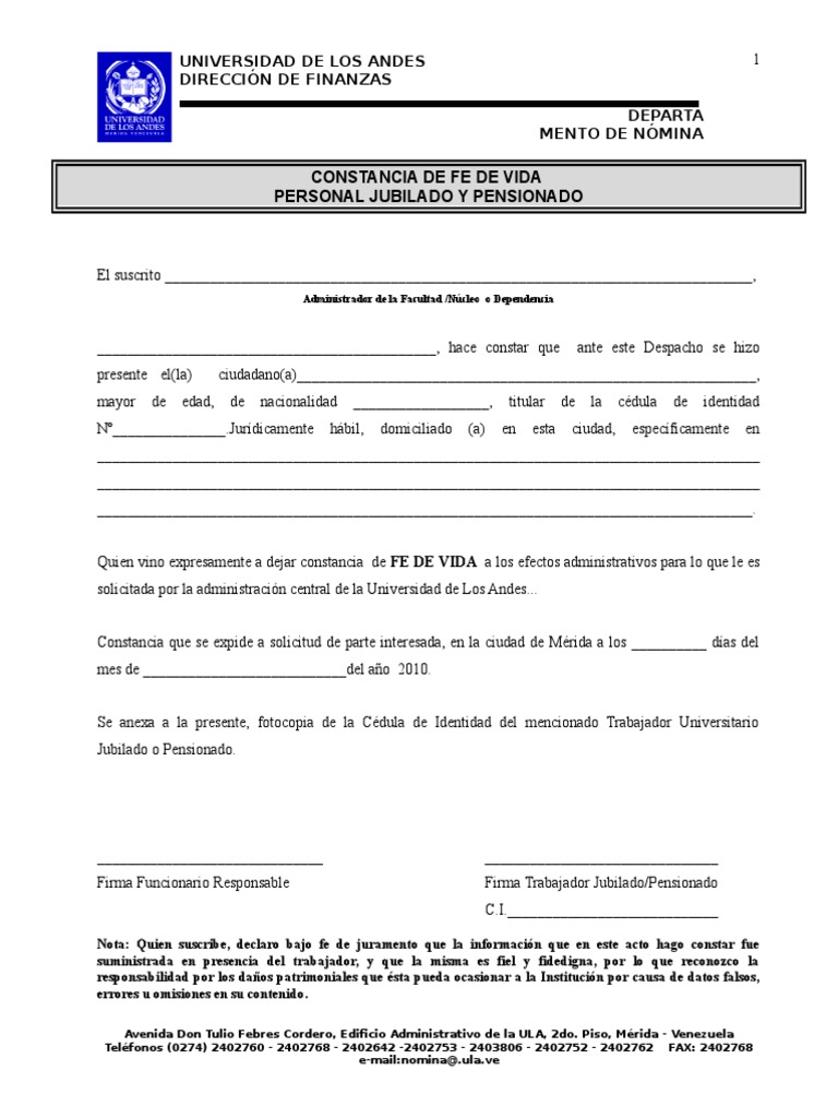 Constancia de Fe de Vida ULA | PDF