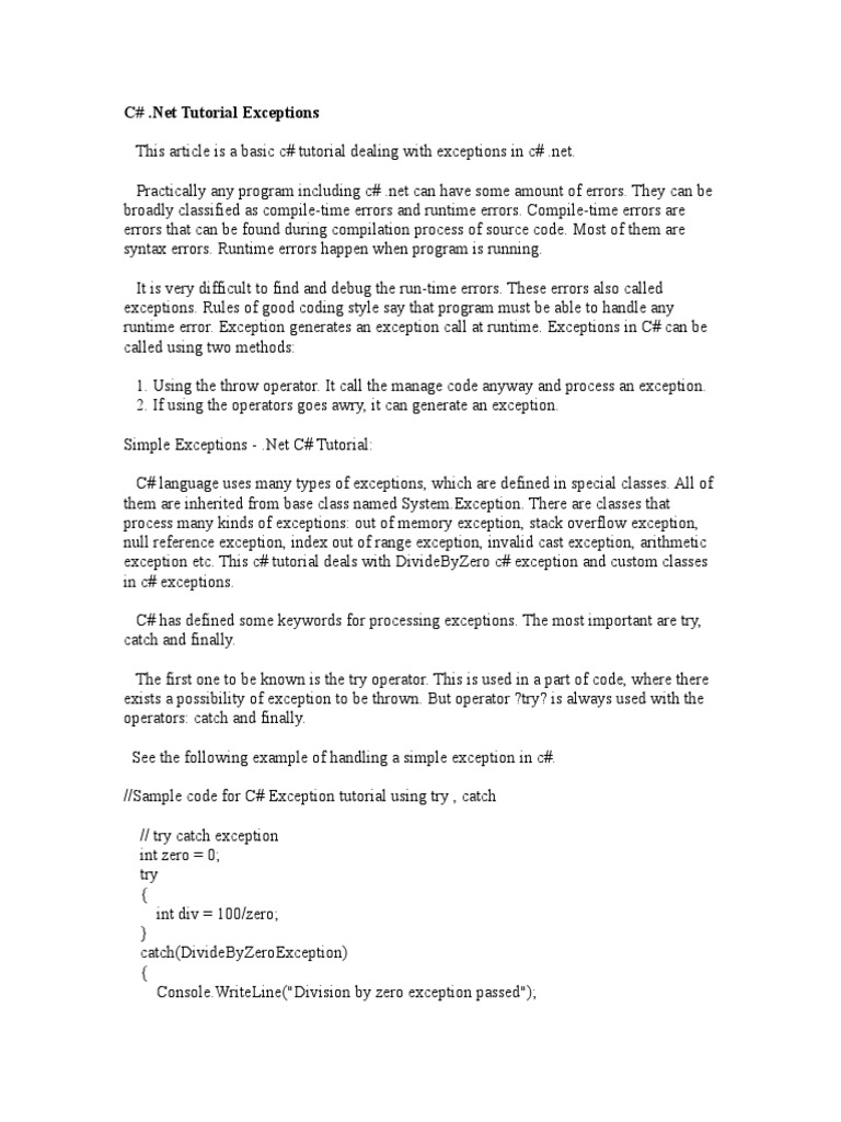 C# .Net Exceptions | PDF | C Sharp (Programming Language) | C ...