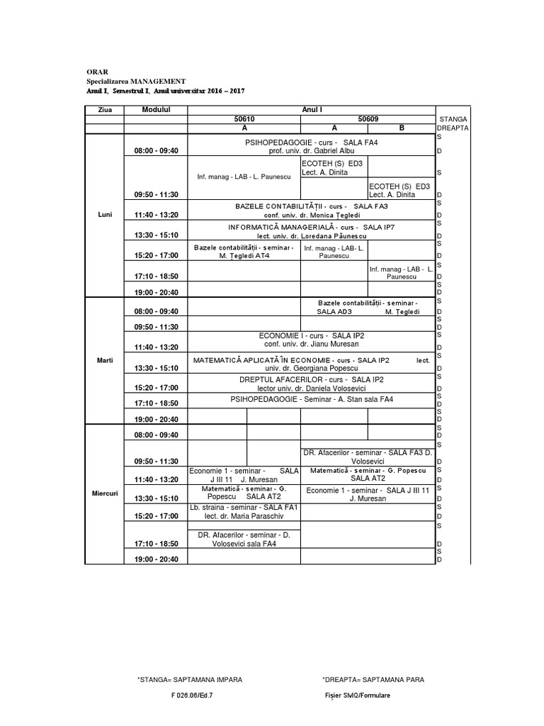 Orar - 2016-2017 - Sem 1 - Man - 1 - 2016 - 09 - 30 PDF | PDF