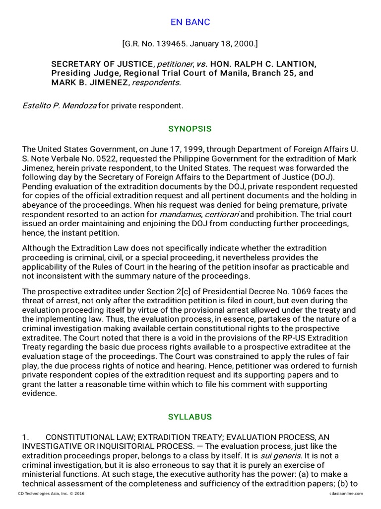 Secretary of Justice v. Lantion | PDF | Extradition | Freedom Of ...