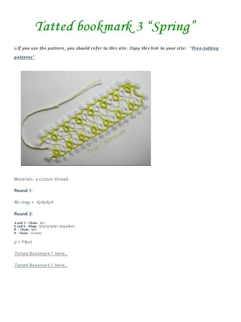 Free Tatting Patterns Tatted Bookmark #3 | PDF
