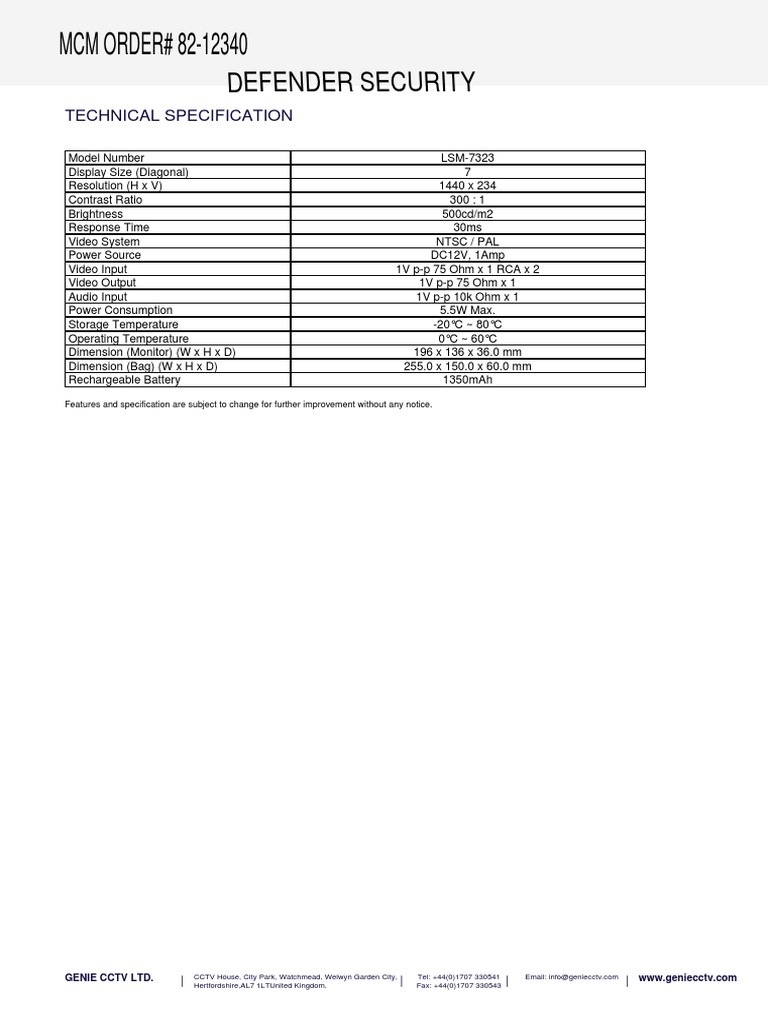 MCM ORDER# 82-12340: Defender Security | PDF