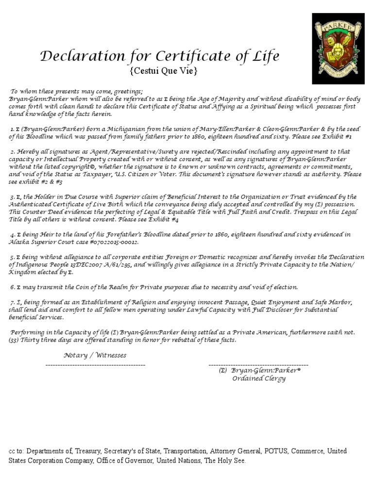 Bryan Parker's Declaration For Certificate of Life | Download Free PDF ...
