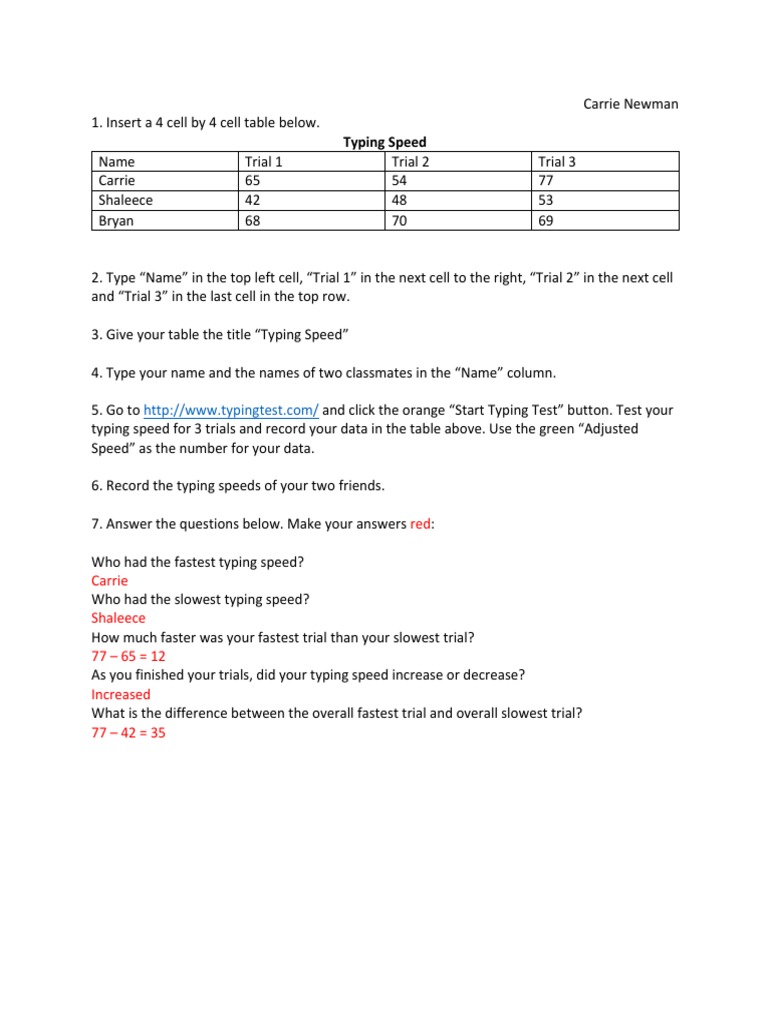 Typing Speed Table Assignment Example | PDF