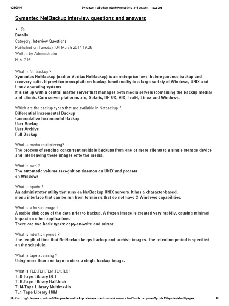 Symantec NetBackup Interview Questions and Answers Tecz PDF | Download Free PDF | Backup ...