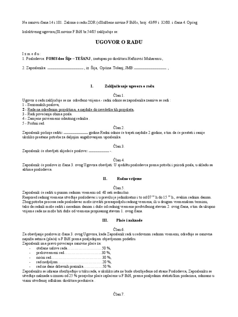 Ugovor o Radu Primjer | PDF