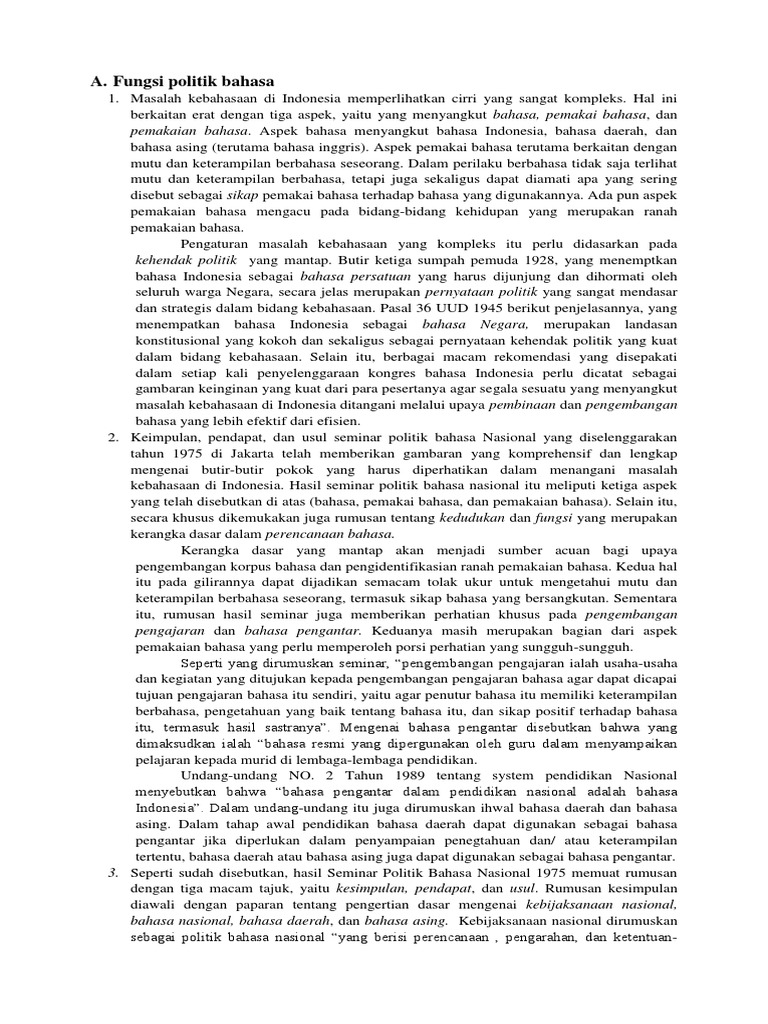Politik Bahasa Indonesia dan Peranannya | PDF | Karier & Perkembangan ...