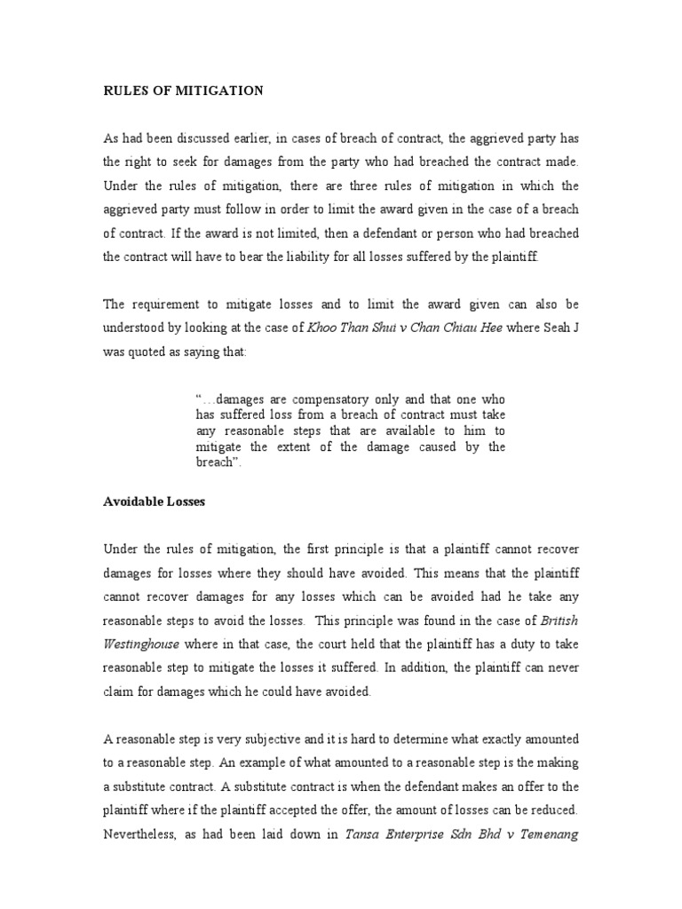 Rules of Mitigation in Contract Law | PDF | Damages | Breach Of Contract