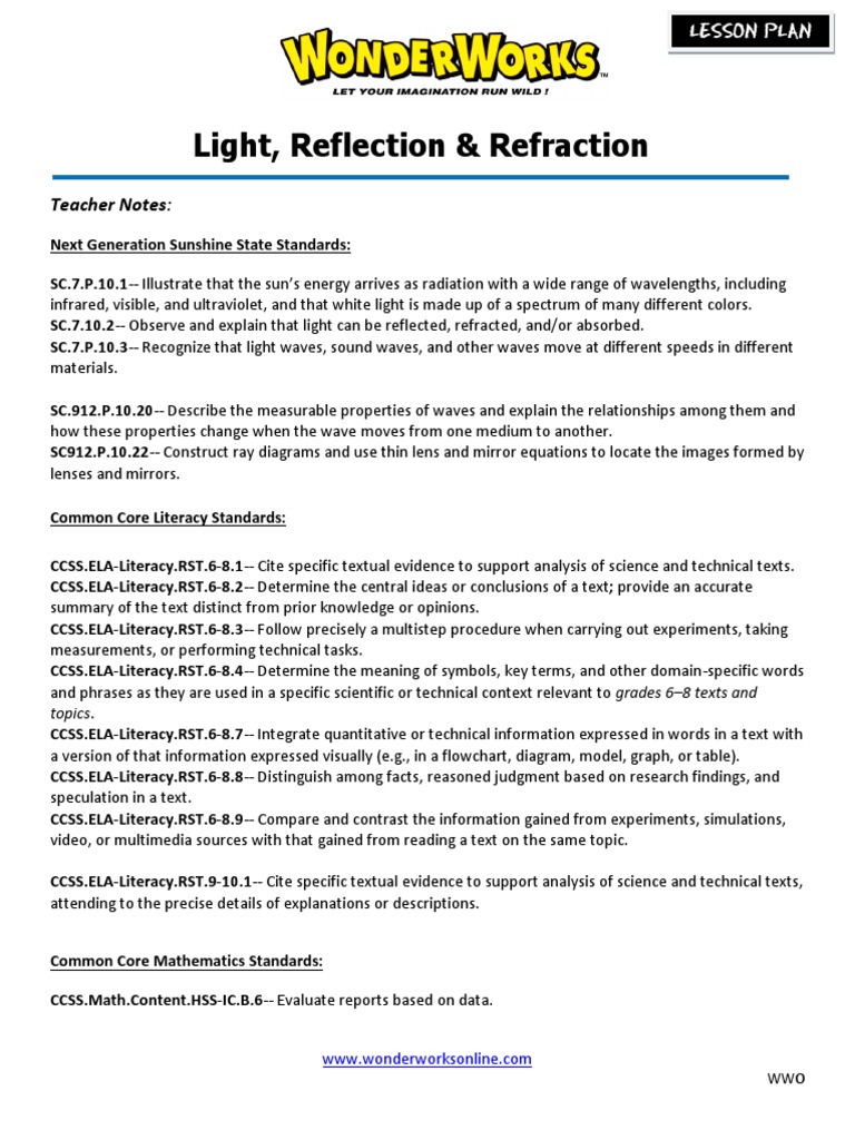 Light Reflection & Refraction Lesson Plan | PDF | Mirror | Reflection ...