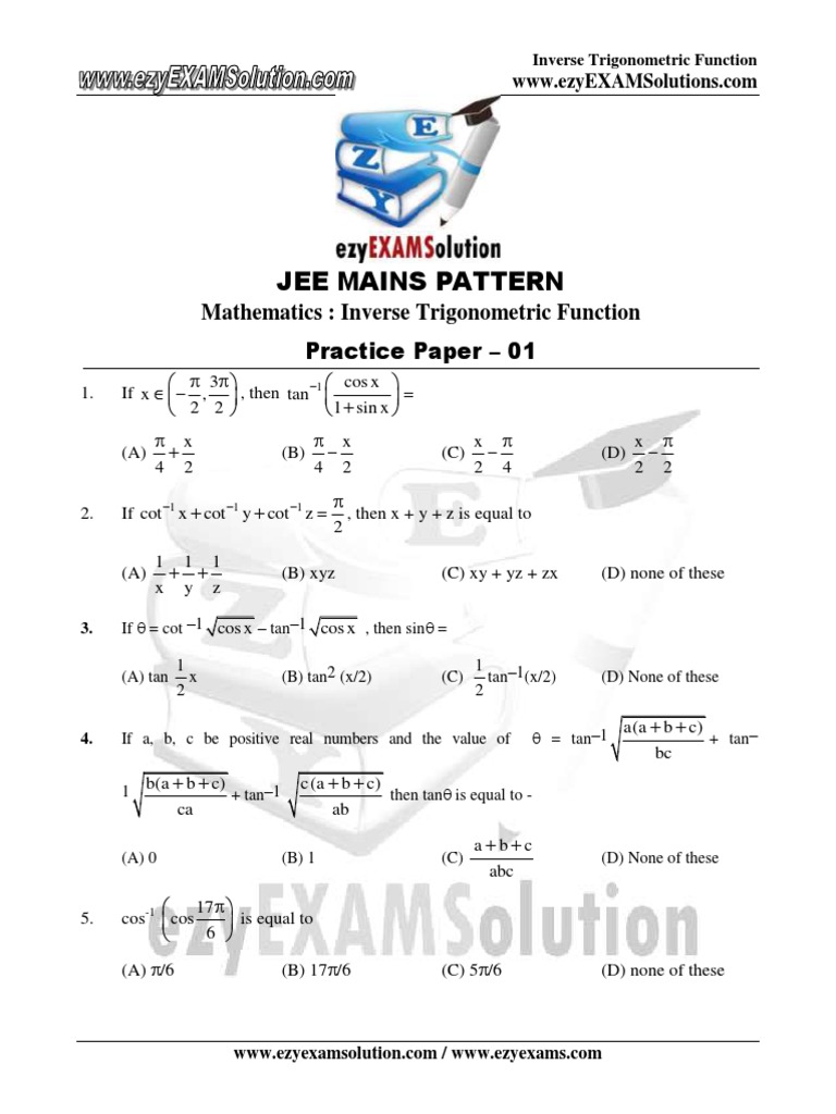 Inverse Trignometric Function Paper-1 | PDF | Trigonometric Functions ...