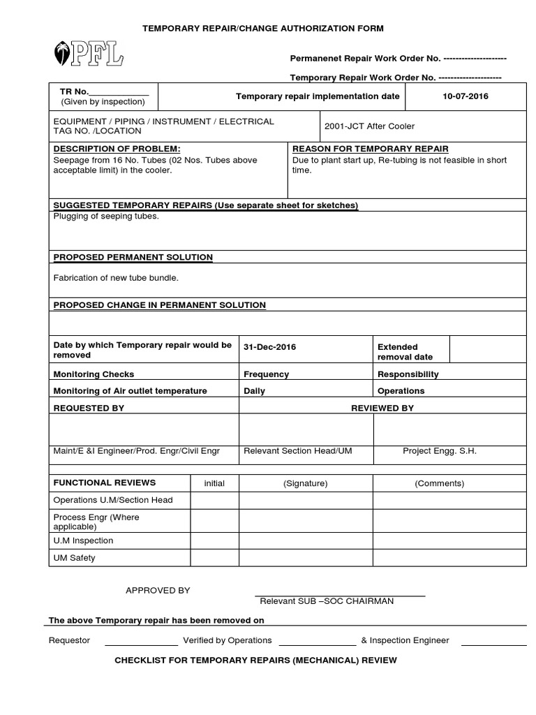 Temporary Repair Authorization Form - Revised | PDF | Fires | Engineering