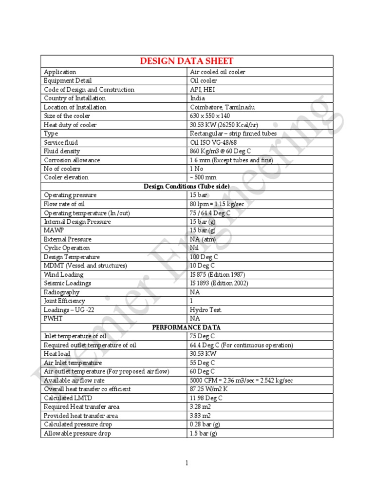 Oil Cooler - Pre Design Data Sheet | PDF | Heat Transfer | Heat Exchanger